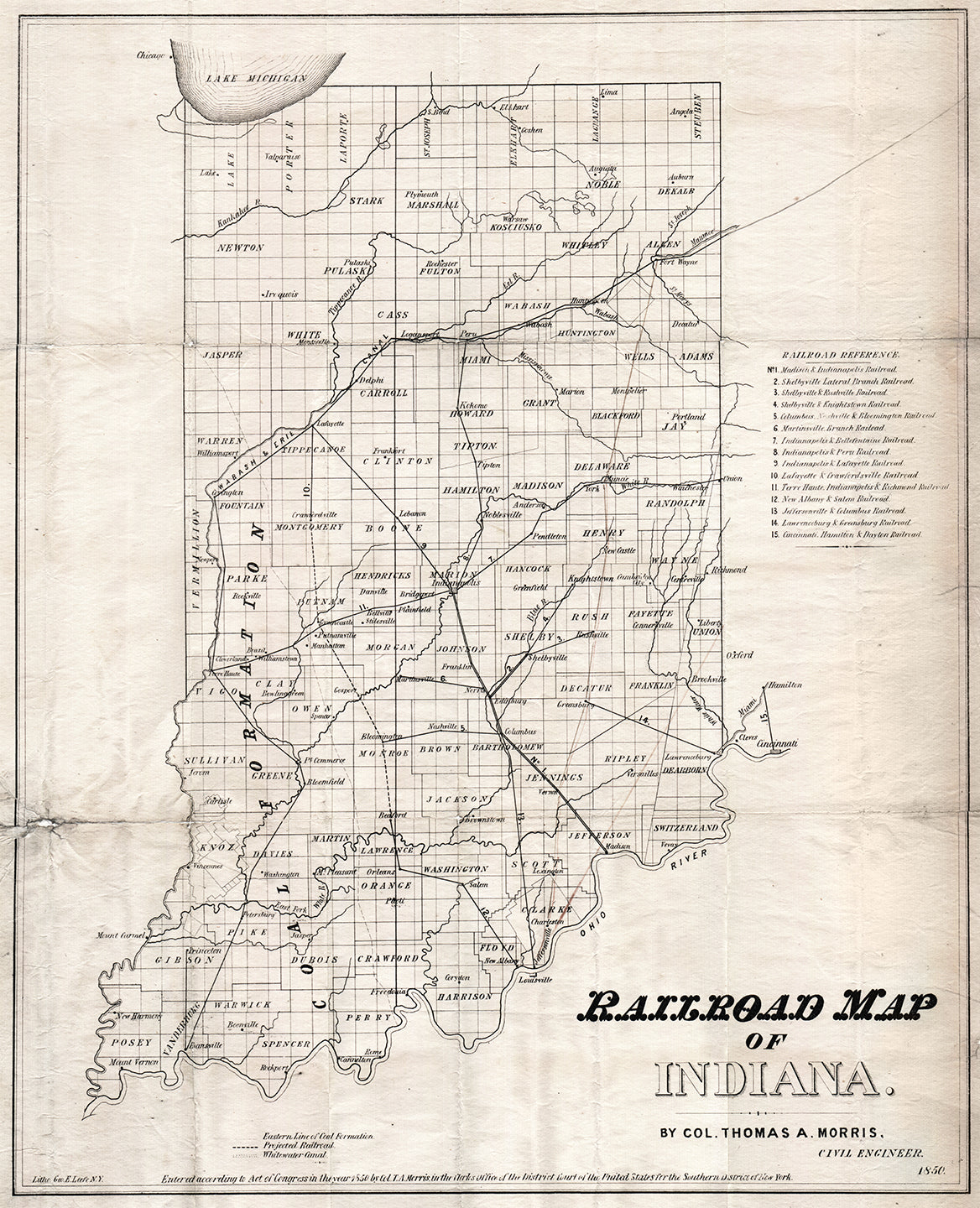 11" by 17" Railroad Map of Indiana by Col. Thomas A. Morris, Civil Eng ...